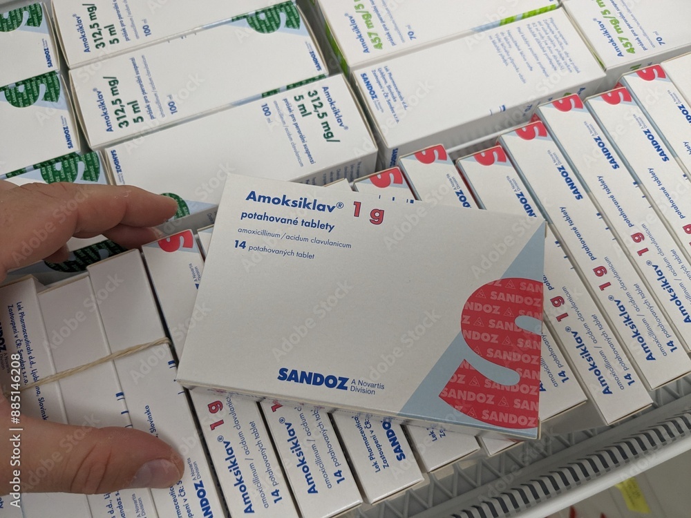 Prague, Czech Republic - July 10 2024: AMOKSIKLAV box of medication ...