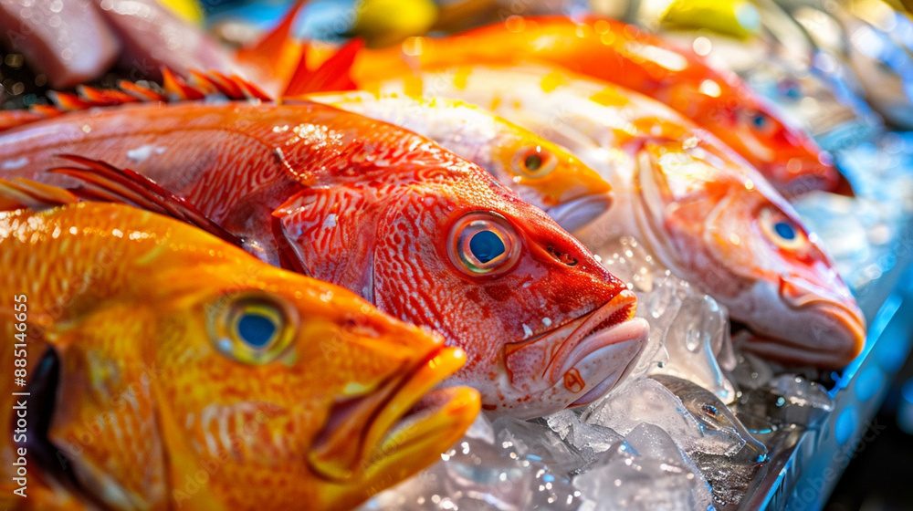 Vibrant and colorful fish market display with fresh catch , seafood ...
