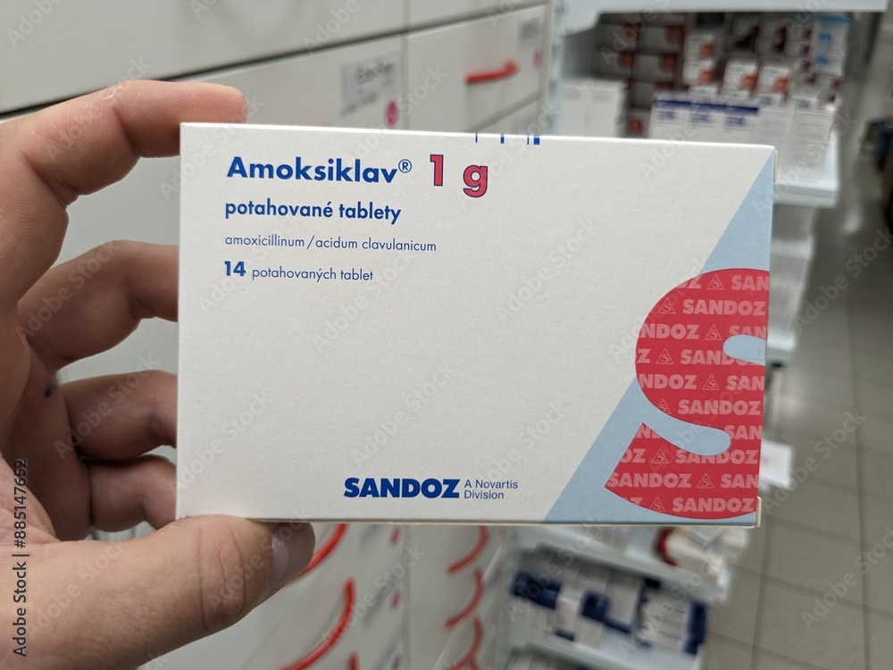 Prague, Czech Republic - July 10 2024: AMOKSIKLAV box of medication ...