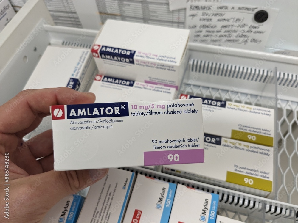 Prague, Czech Republic - July 10 2024: AMLATOR box of medication with ...