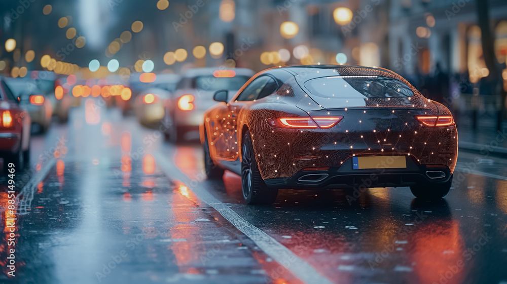 High-tech car featuring IoT technology for real-time traffic updates ...