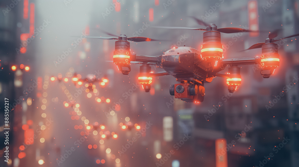A fleet of delivery drones connected via IoT, coordinating routes and ...