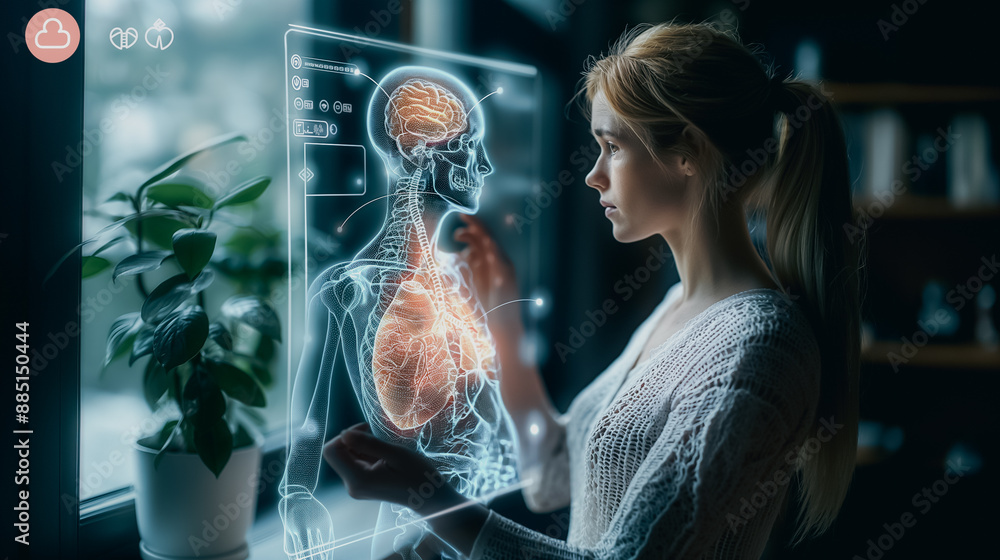 A woman is looking at a hologram screen that shows a 3D image of a ...