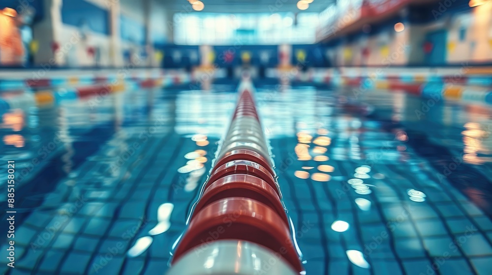 Swimming pool set up for a swim meet in a sports arena with lane ropes ...