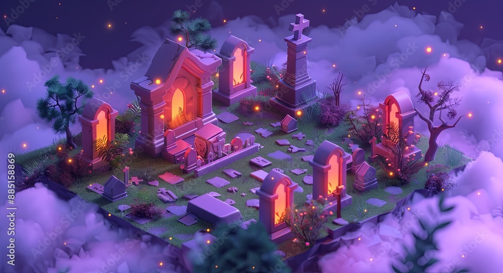 3D cartoon vector illustration of a graveyard scene with tombstones and ...