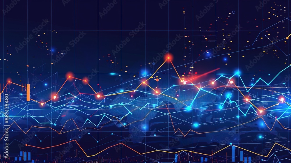 A chart of the financial stock market with trend lines, a chart in blue ...