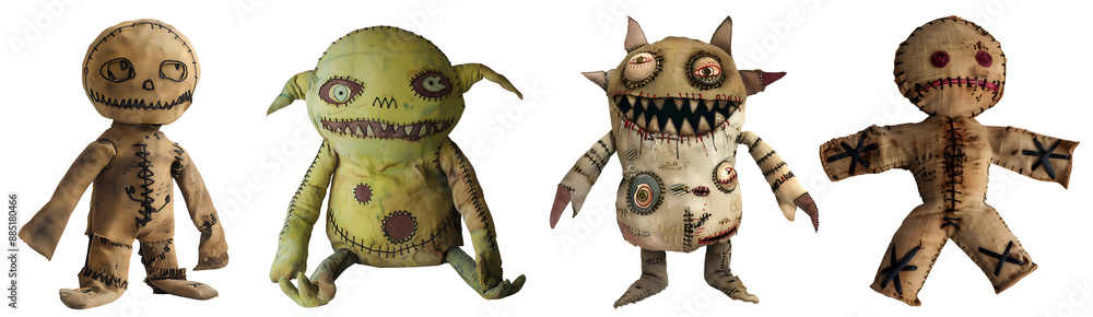 Set collection of scary patchwork funny monster and voodoo rag doll ...
