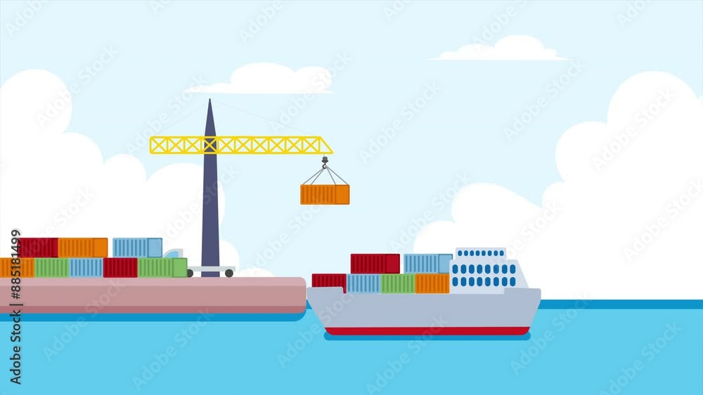 Cargo container ship with stack of container is at the industrial port ...