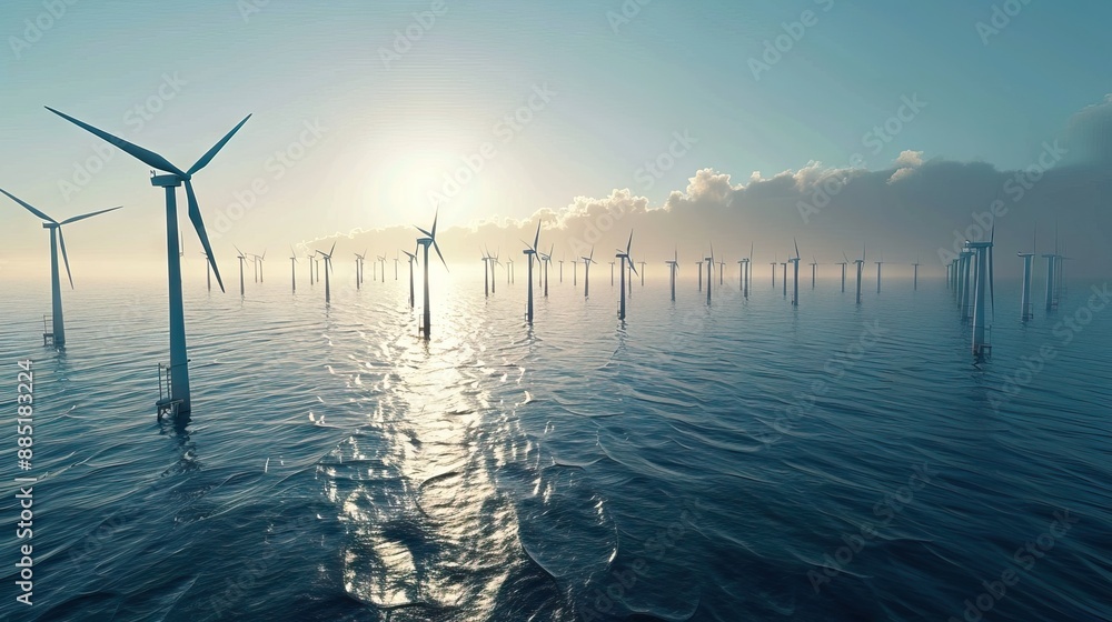 A group of majestic wind turbines standing tall in the ocean against a ...