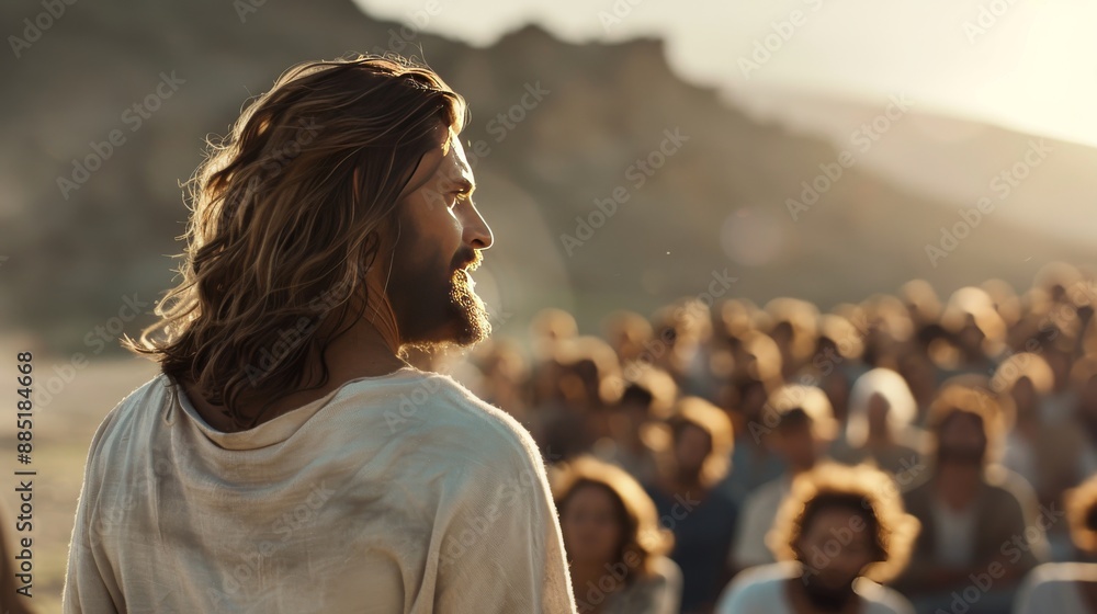 Jesus sat on a rock preaching to a large crowd on the mountain. The ...