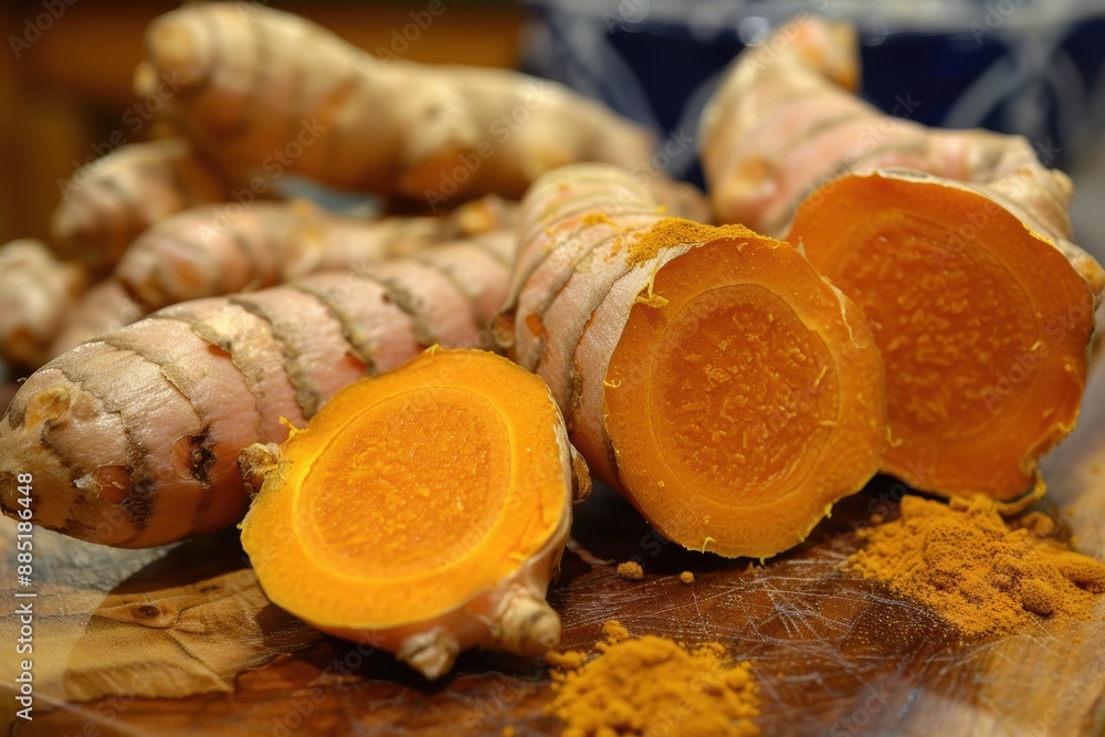 This high-resolution image captures fresh turmeric rhizomes and cut ...