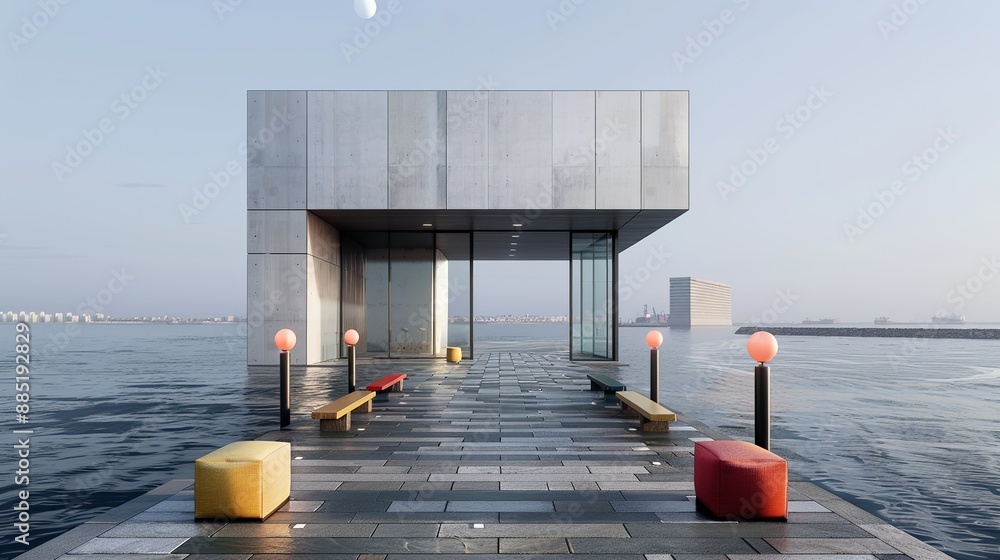 Architectural perspective of a modern waterfront promenade with ...