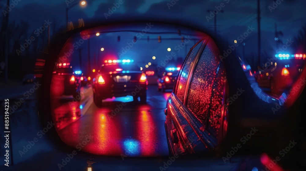 rearview mirror reflection showing multiple police cars with flashing ...