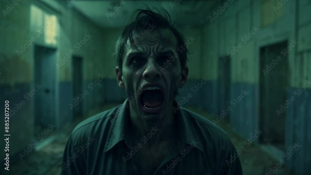 A screaming man suffering from mental illness in an empty creepy ...
