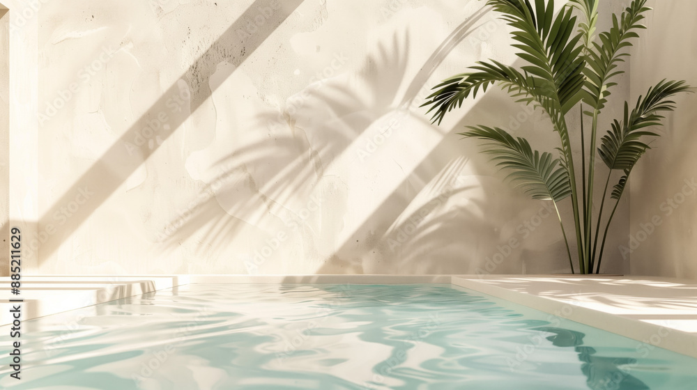 Tropical summer background with plaster wall, pool water and palm shadow. Luxury hotel resort ...