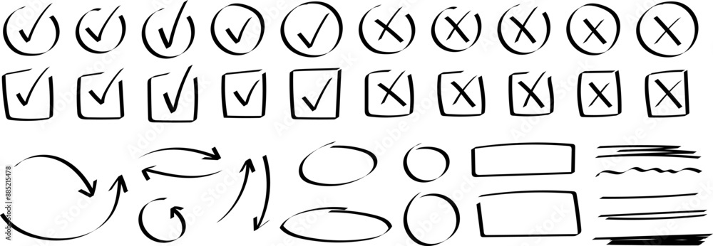 Set of marker lines, check mark with different circle arrows and ...