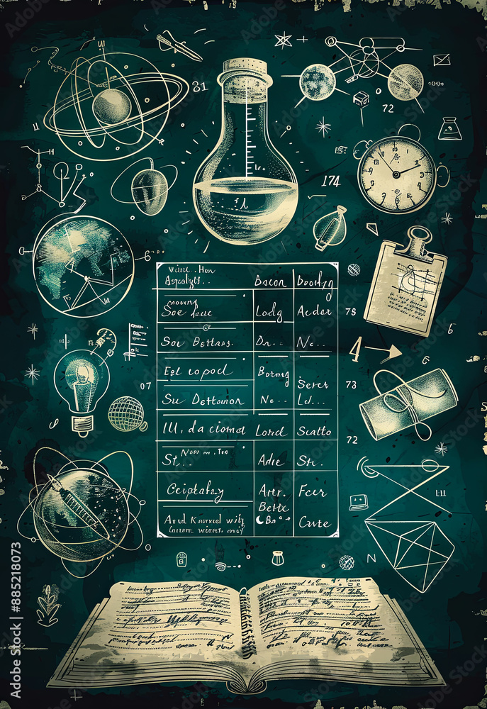 Science Notebook With Flask and Drawings. A science notebook open to a ...