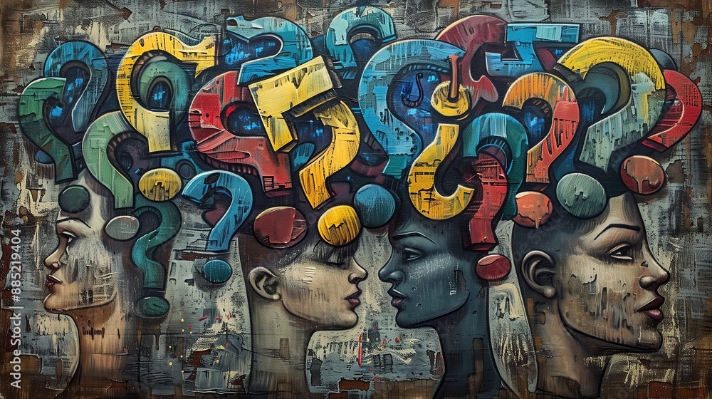 Artistic Portrait of People with Question Marks and Abstract Patterns ...