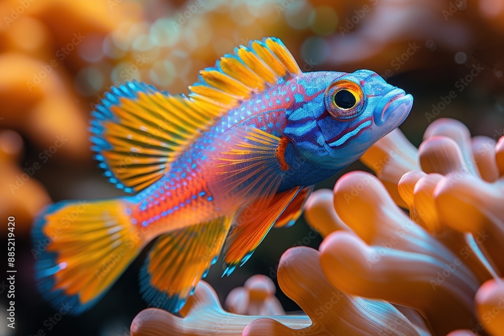 Baby Fish: A bright, colorful baby fish, swimming among coral reefs in ...