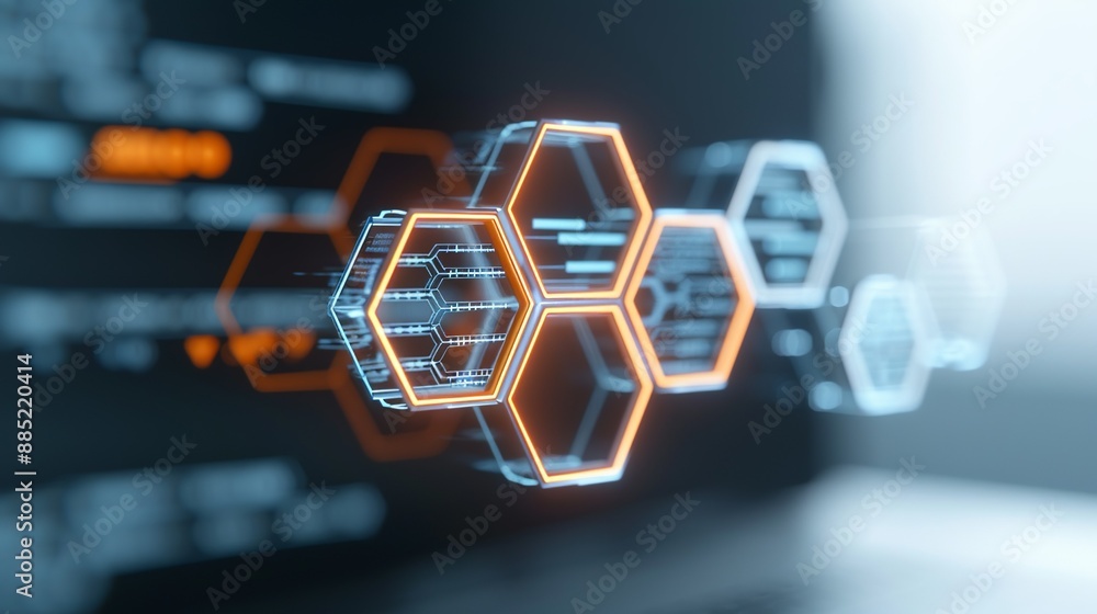 Geometric illustration of interconnected hexagons with digital overlays ...