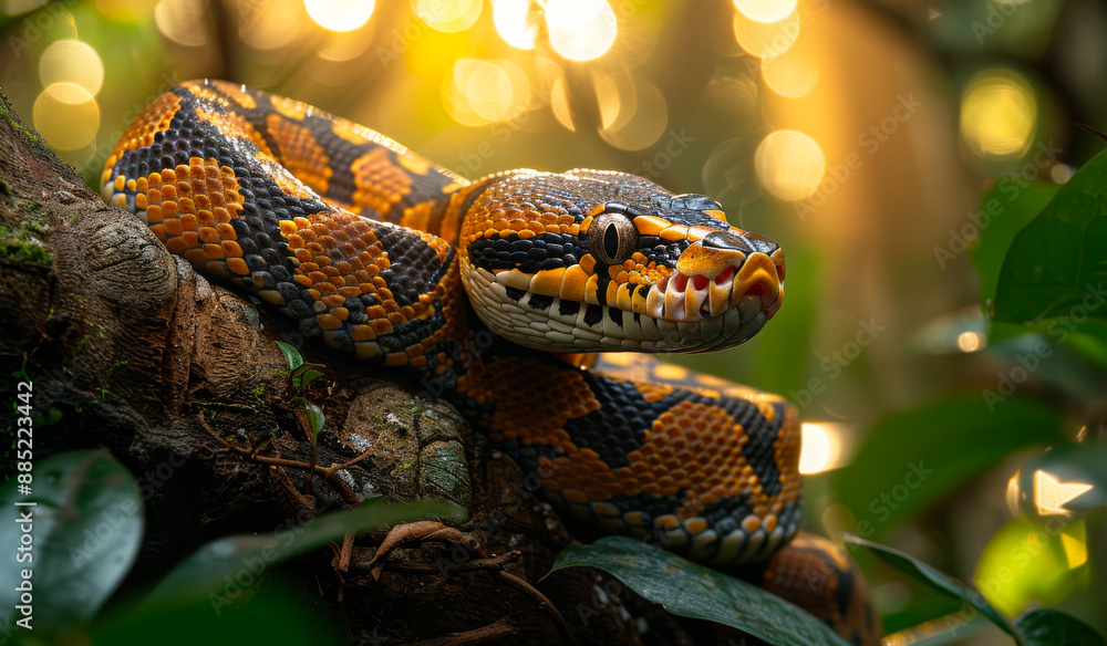 Snake Coiled on a Branch in Sunlight. A yellow and black snake with red ...