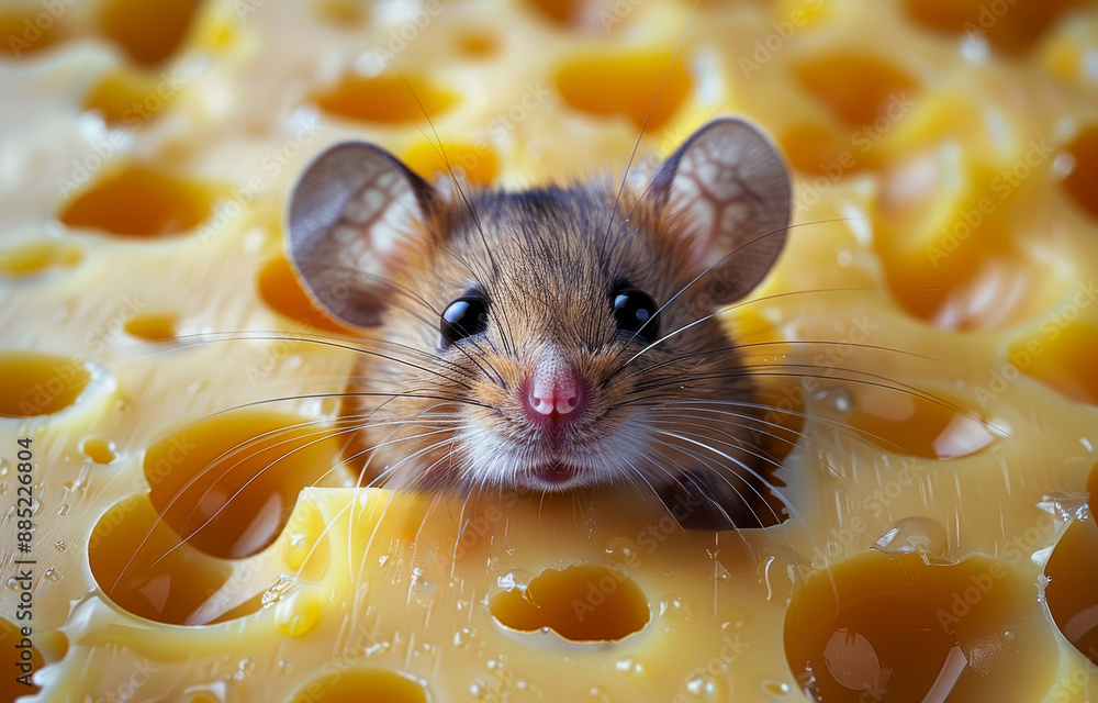 A mouse is looking up at the camera in a yellow cheese. The mouse is ...