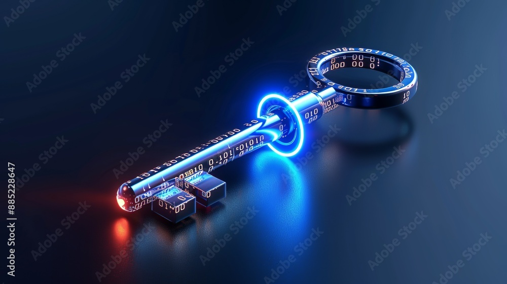 Futuristic illustration of a digital key with binary code, symbolizing ...
