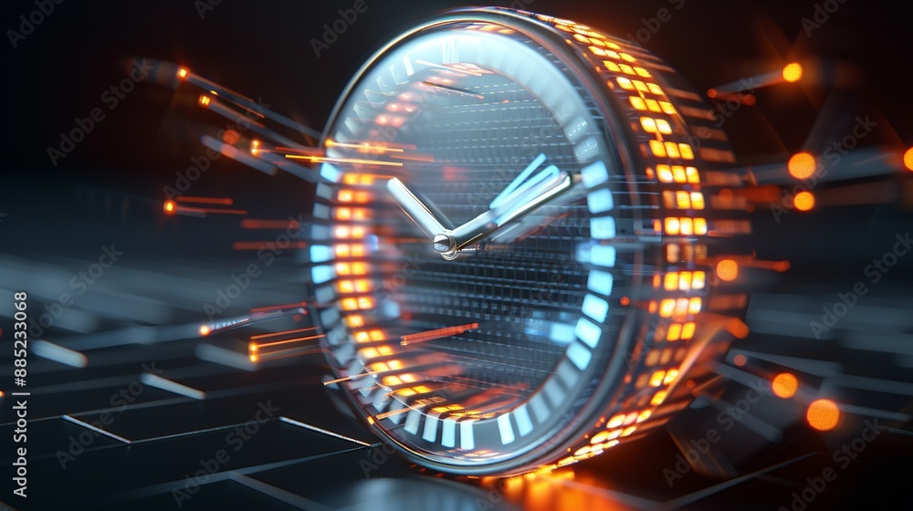 Abstract design of a digital clock with moving hands, symbolizing time ...