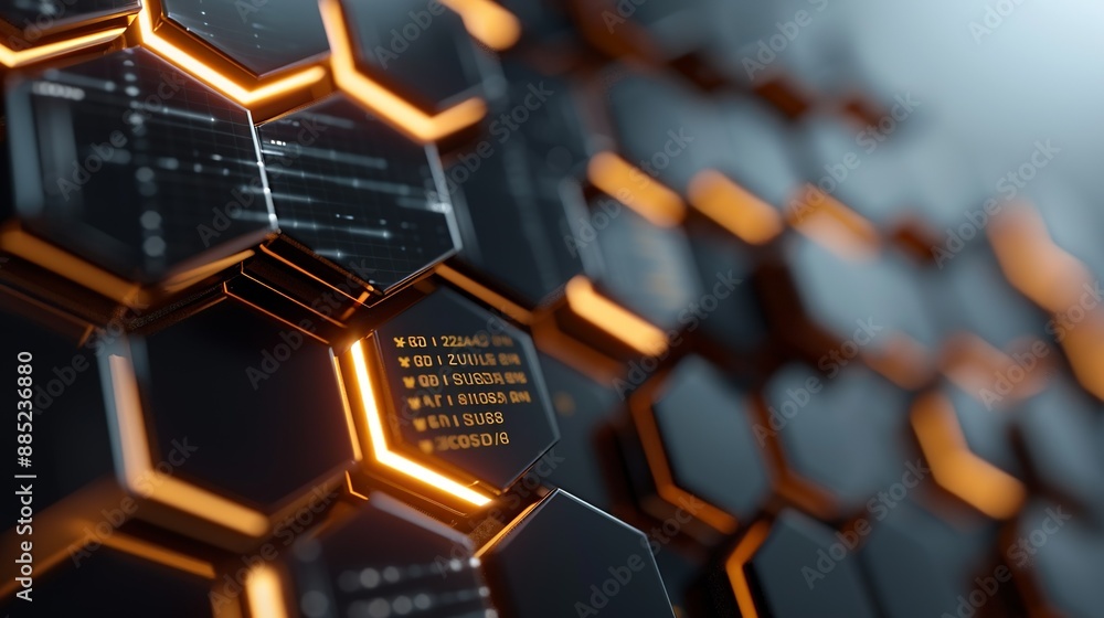Geometric illustration of interconnected hexagons with digital overlays ...