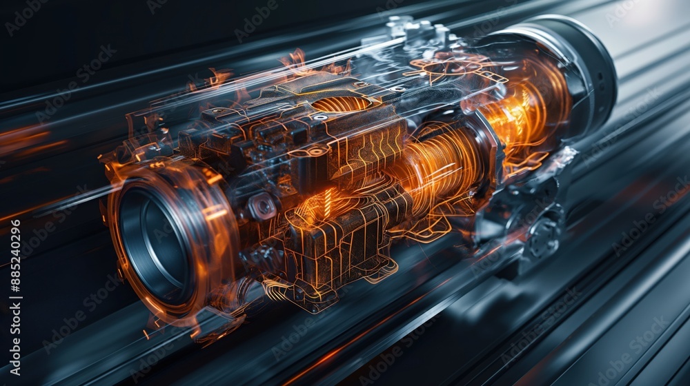 High-tech mechanical component with glowing parts and transparent ...