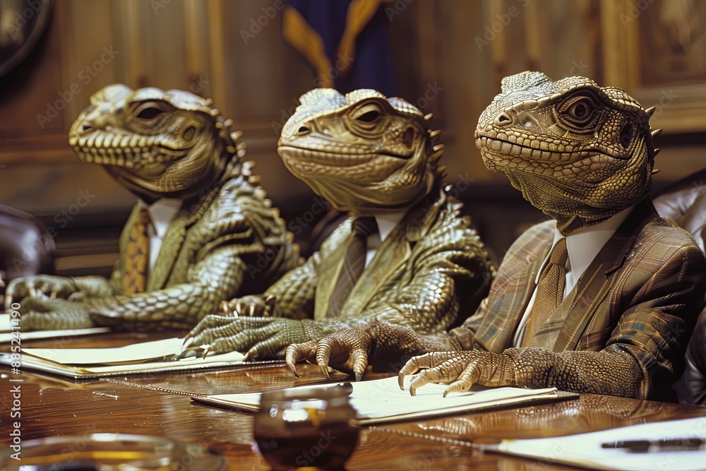 Three lizard-like creatures, disguised as humans, sit in a conference ...