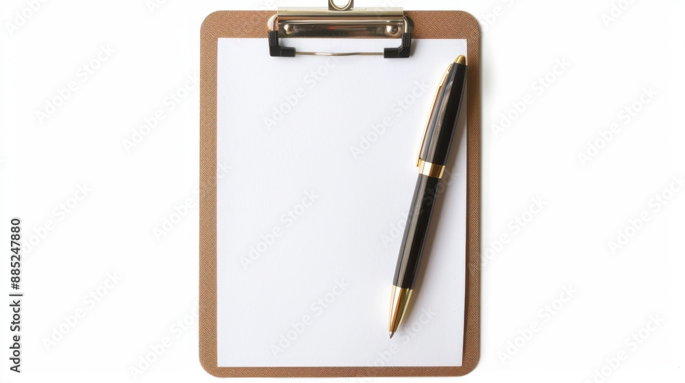 A clipboard with a blank sheet of paper and a pen clipped on top, ready ...