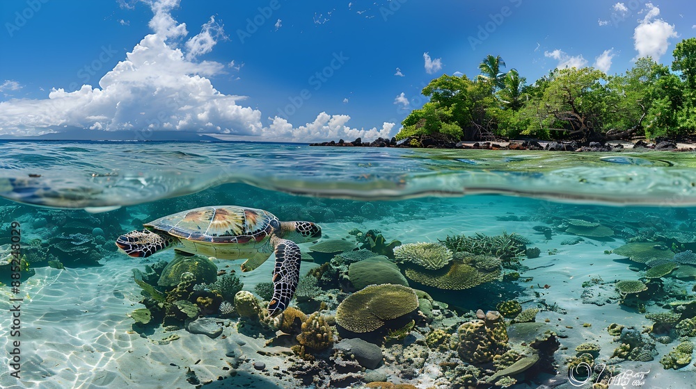 Beach with sea turtles and coral reefs located image Stock Photo ...