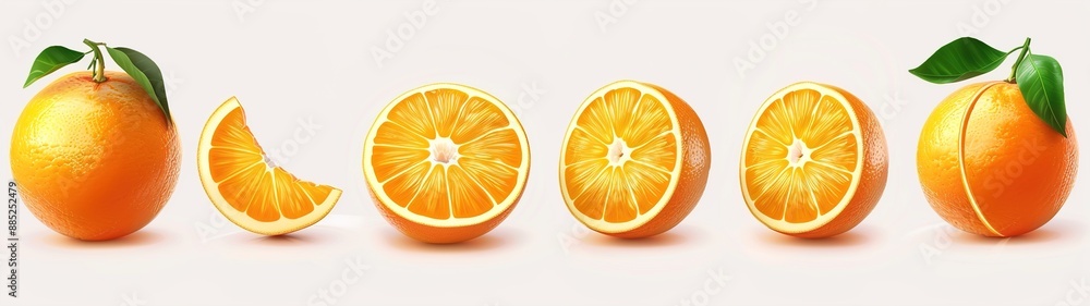 Orange oranges fruit, many angles and view side top sliced halved cut ...