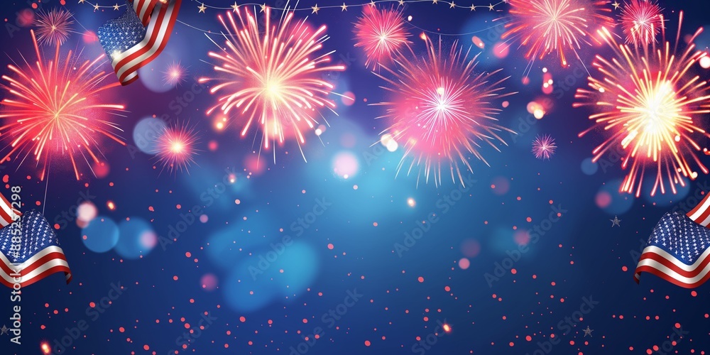 A blue background with fireworks and American flags. The fireworks are ...