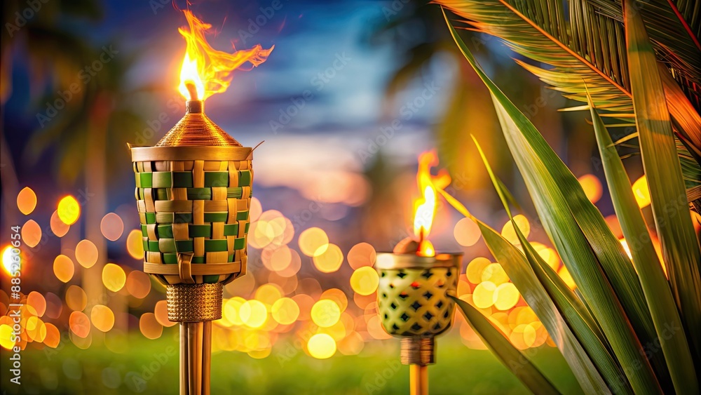 Traditional Malay torch and decorative ketupat illuminated during Hari ...