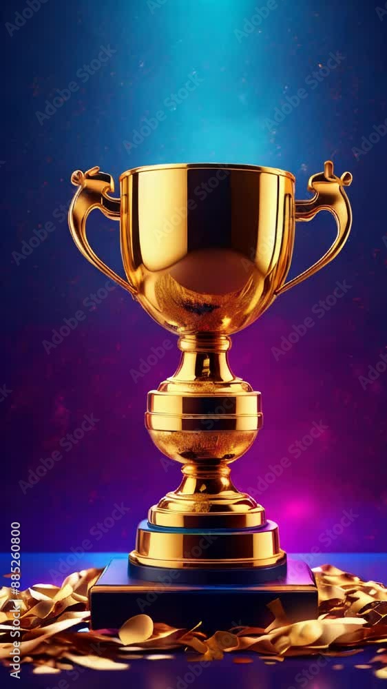 Gold cup, trophy, champion's cup on a neon background with confetti ...