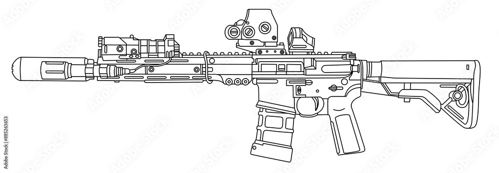 Weapon outline. Military automatic rifle illustration for poster or website. Line drawn AR-15 ...
