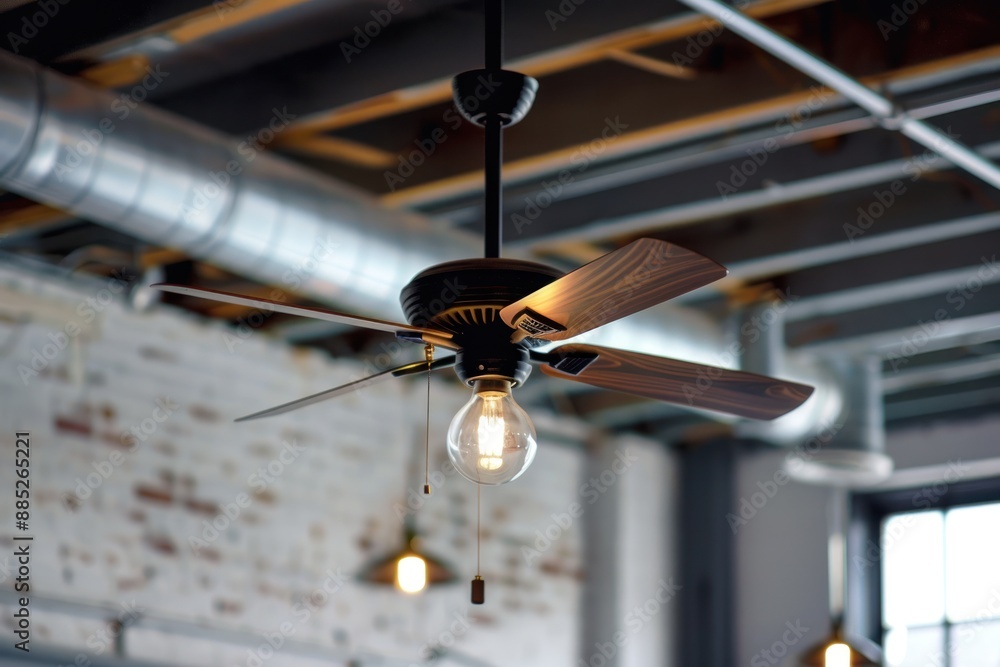 Industrial-style ceiling fan with exposed ductwork and Edison bulb ...