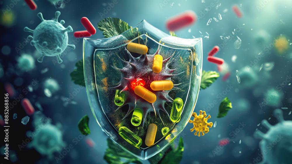 Conceptual image of medical shield with capsules and viruses ...