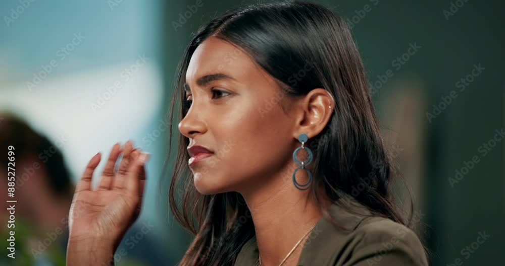 Desk, thinking and woman with headache, office and brainstorming of ...