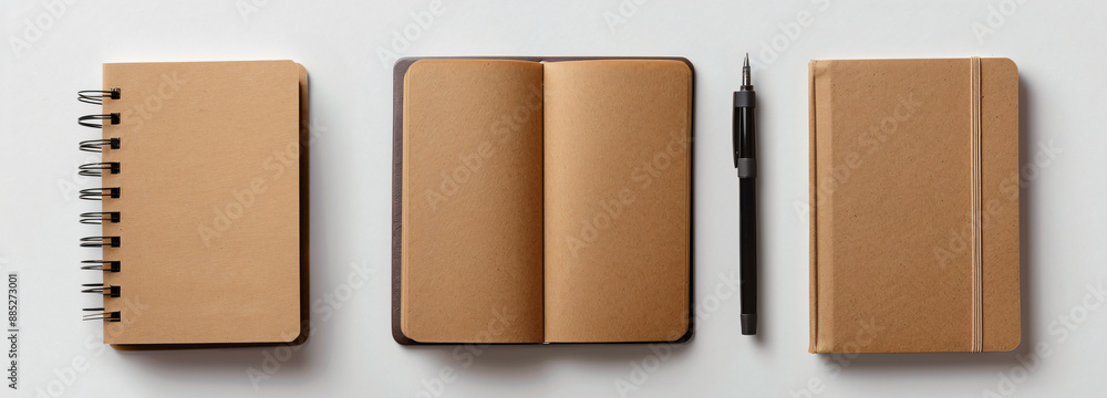 flat lay top view empty mockup of three open brown notebook with pen on ...