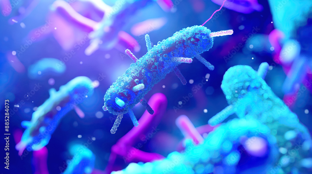 Microscopic view of rod-shaped bacteria with structures such as pili ...