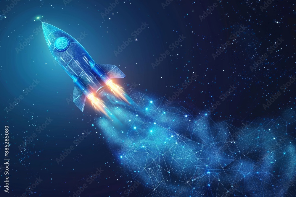 Foto de Digital rocket launch into outer space. Boosting and takeoff ...