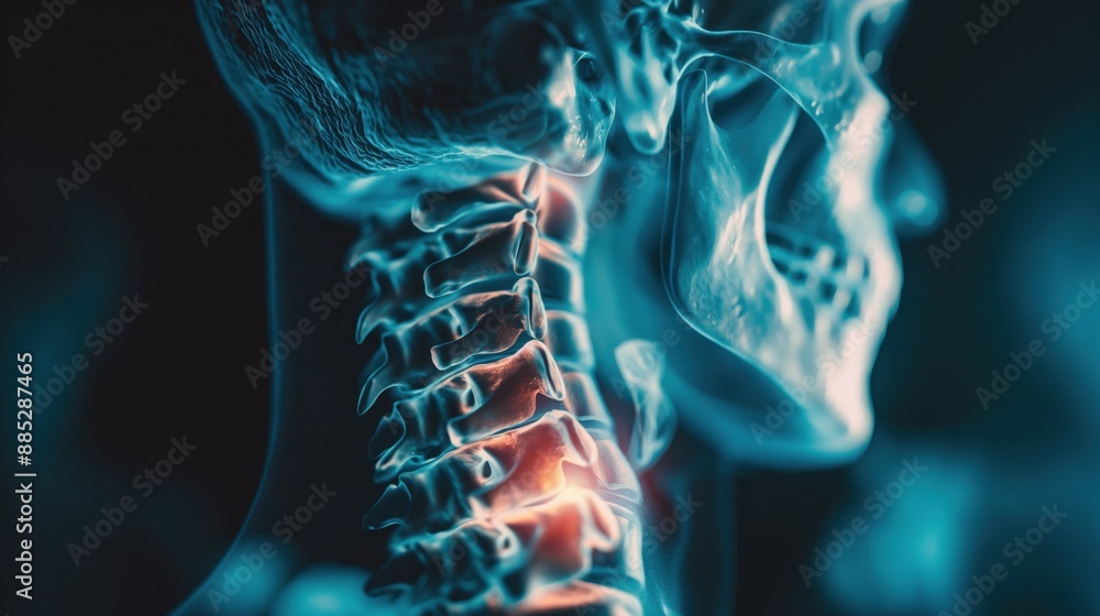 Close-up view of a human skull and cervical spine highlighting neck ...