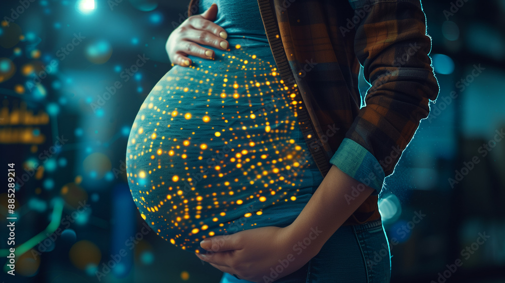 Pregnant woman cradling heavily pregnant belly. AI in pregnancy ...