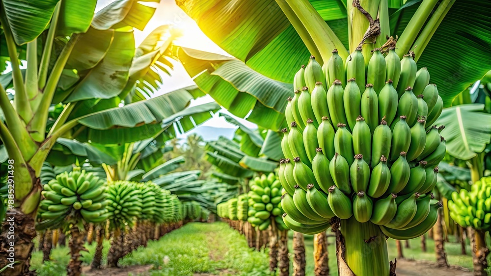 Foto de Green bananas growing on trees in a lush banana plantation ...