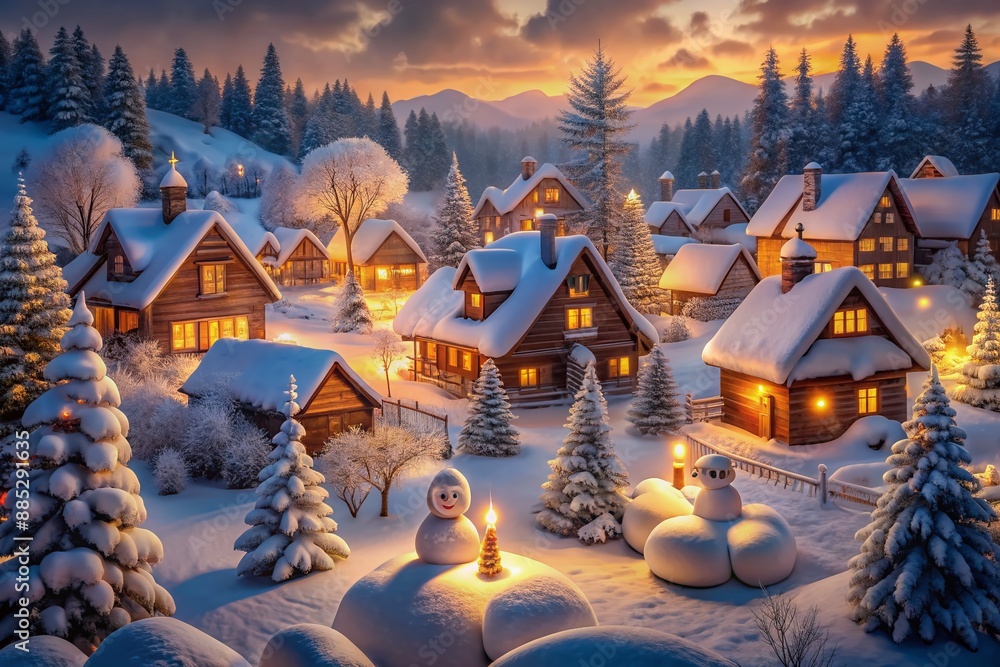 Snow-covered rooftops and frozen trees surrounds a peaceful winter ...