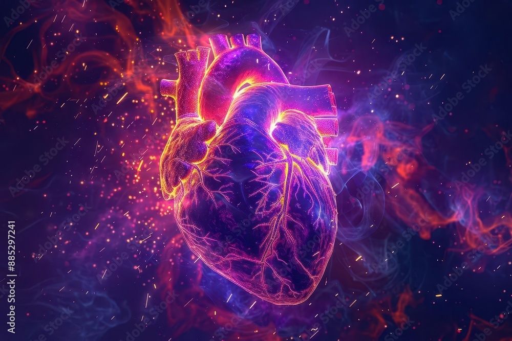 anatomical heart illustration pulsing with vibrant energy glowing veins ...