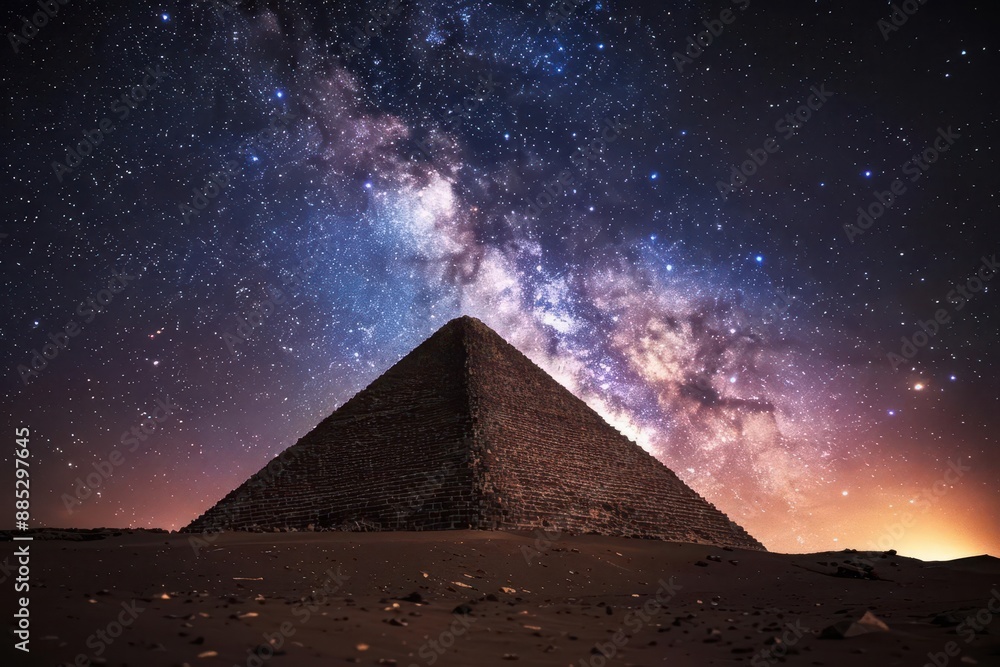 ancient pyramid silhouetted against starry night sky milky way arching ...